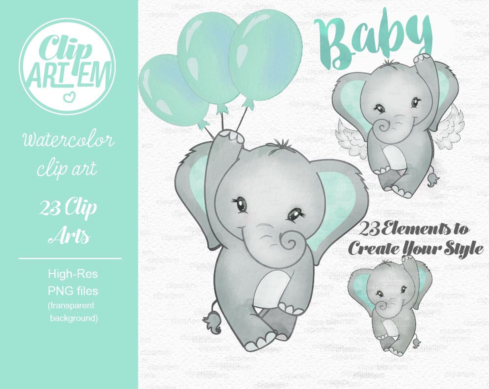 Mint Green Elephant Clip Art Watercolor. Baby Elephant | Etsy