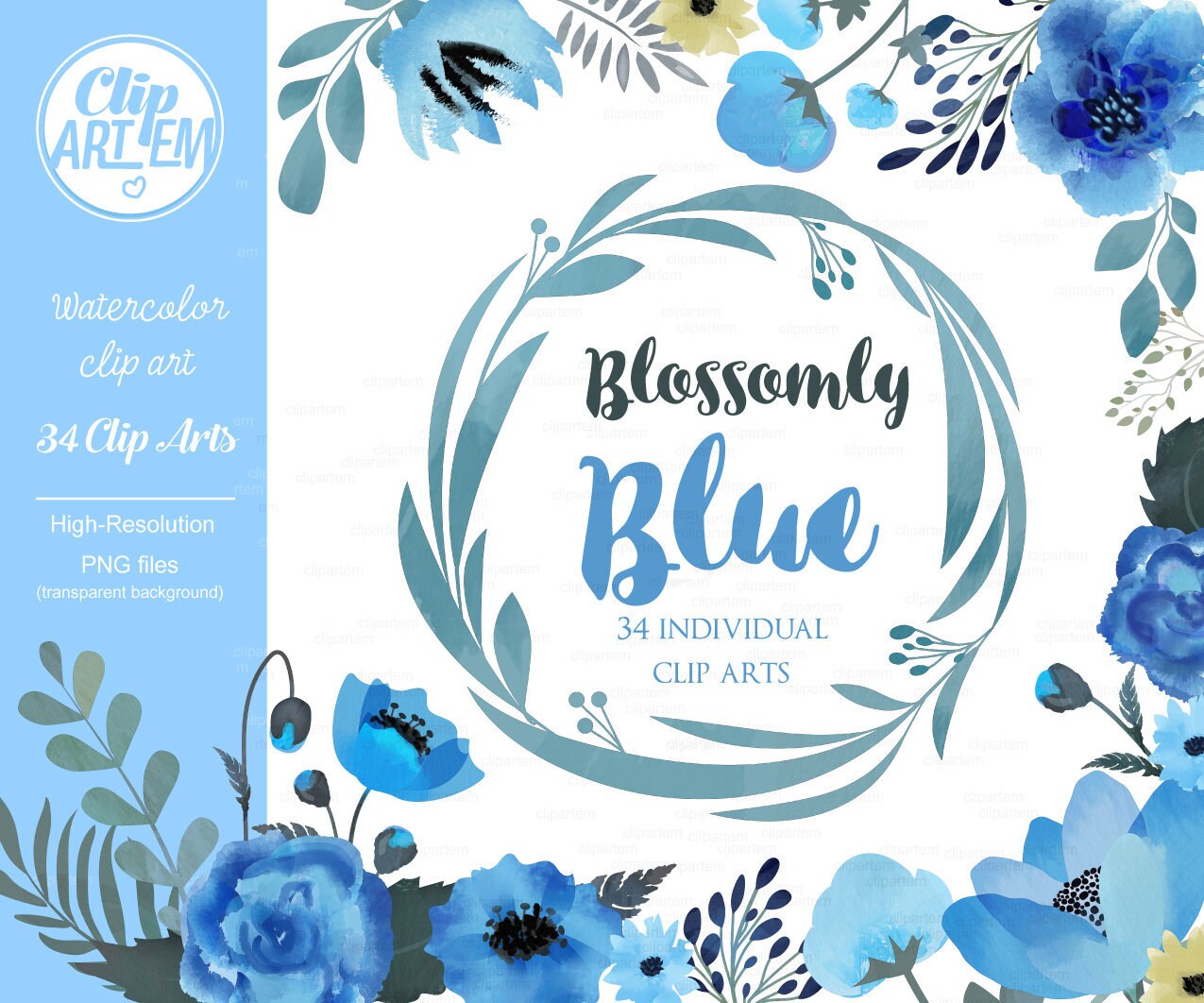 Floral Blue clip art watercolor. Watercolor Blue flowers | Etsy