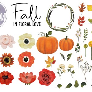 Fall Clip Art, Pumpkin Clip Art, Rustic Chic Autumn Leaves Flowers ...