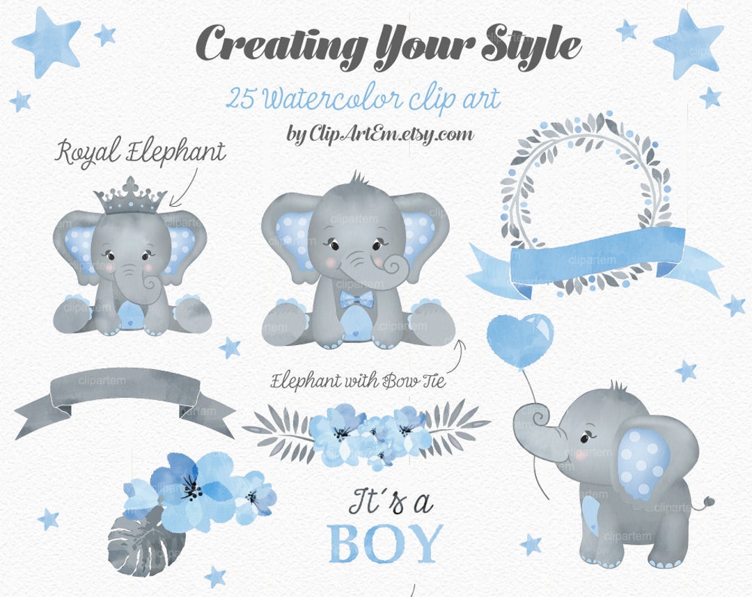 Elephant Boy Clip Art, Watercolor. Watercolor Baby Peanut Clipart, Blue ...
