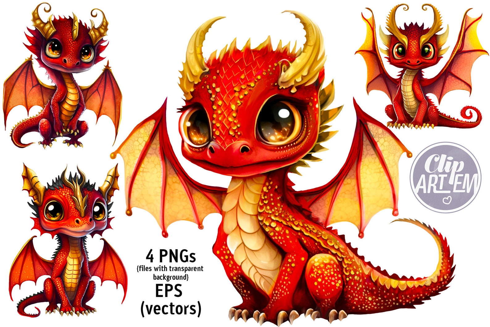 Red Dragon Clip Art, Set of 4 Cute Red Dragons Images for Nursery ...