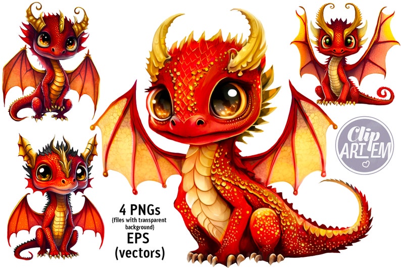Red Dragon Clip Art Set of 4 Cute Red Dragons Images for - Etsy