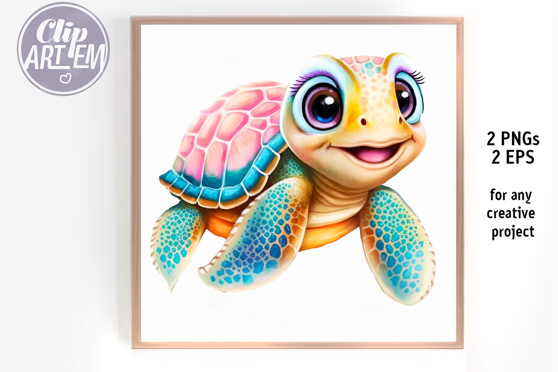 Boy and Girl Turtle Clip Art and Vector, Digital Ocean Turtle Painting ...