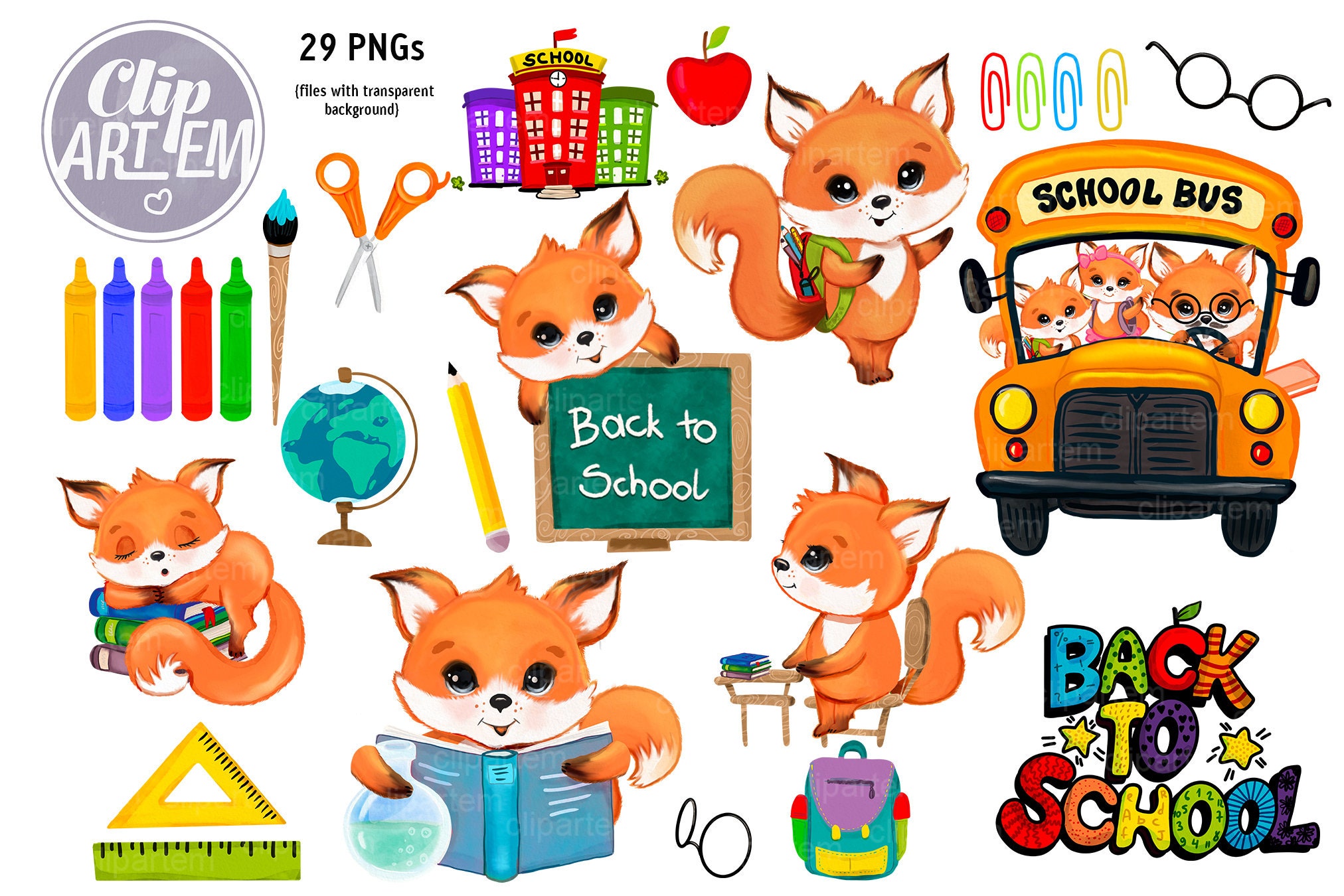 Fox Back to School Bungle Clip Art of 29 Png Images Welcome - Etsy