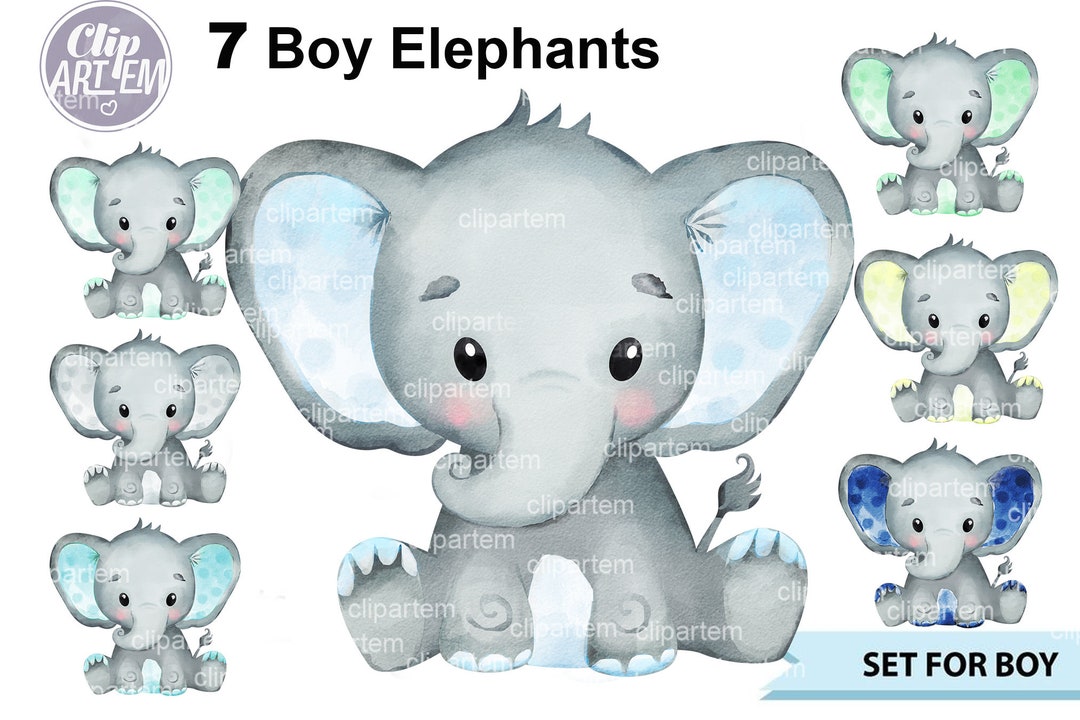 Watercolor Elephant Boy Clip Art, Baby Blue Elephant, Mint Green ...