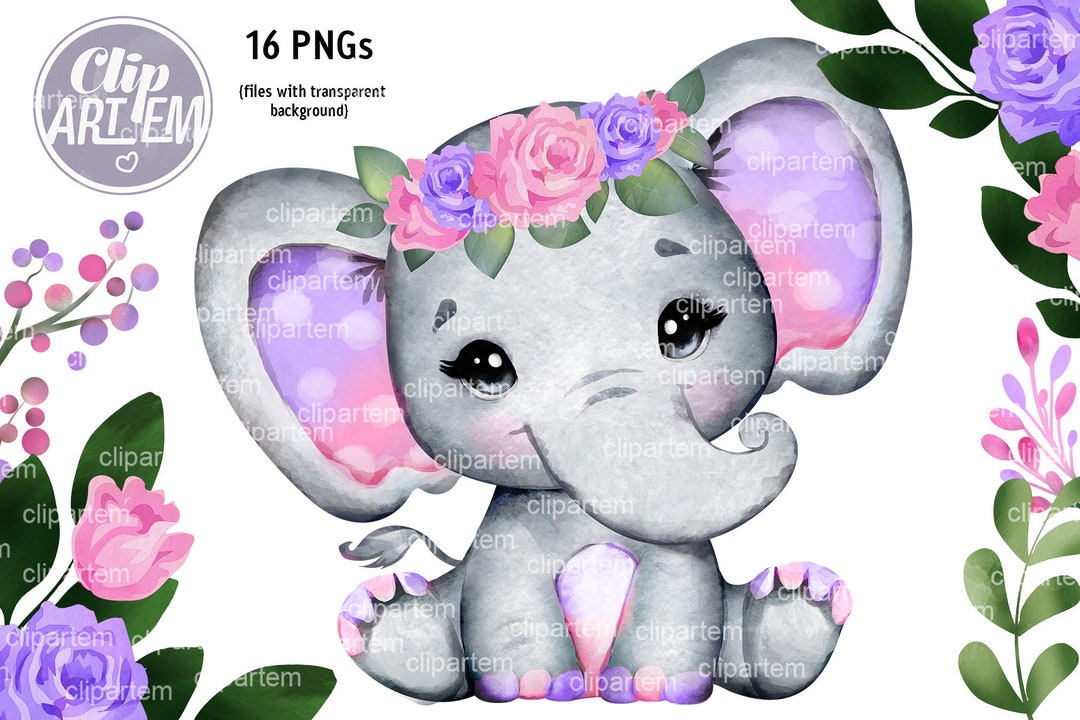 Pink Purple Elephant Girl Baby Clip Art, Set of 16 PNG Illustration ...