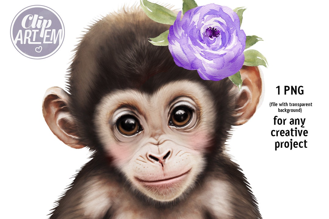 Baby Monkey Floral Watercolor Clip Art, Monkey With Flower in Her Head ...