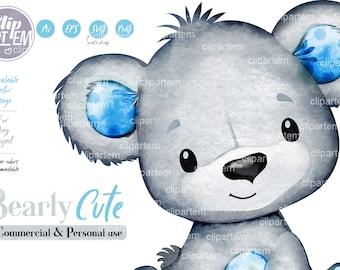 Watercolor Brown Blue Bear Clip Art With Baby Blue Polka Ears. | Etsy