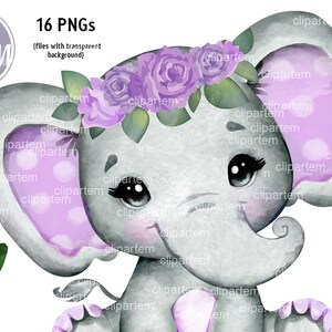 Purple Elephant Bundle 16 Clip Art, Watercolor Baby Girl Elephants With ...