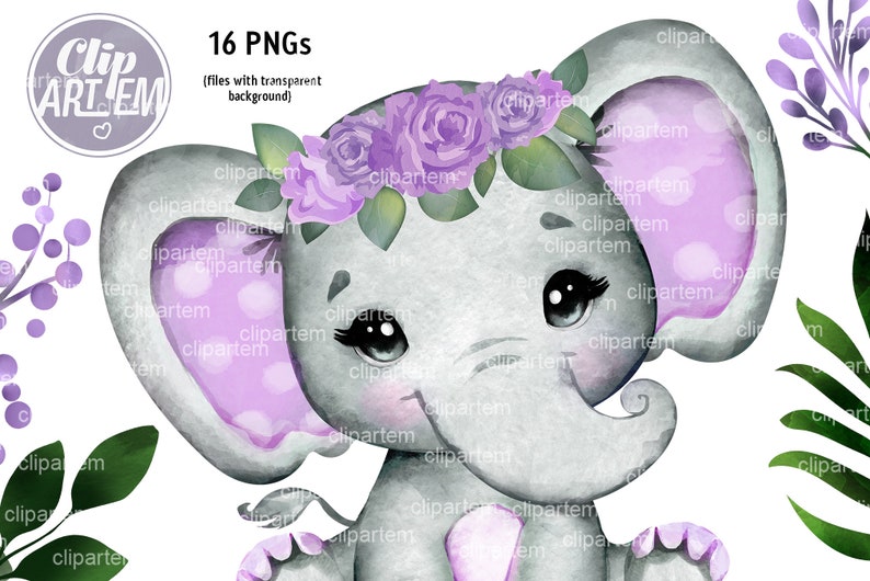 Purple Elephant Bundle 16 Clip Art Watercolor Baby Girl - Etsy