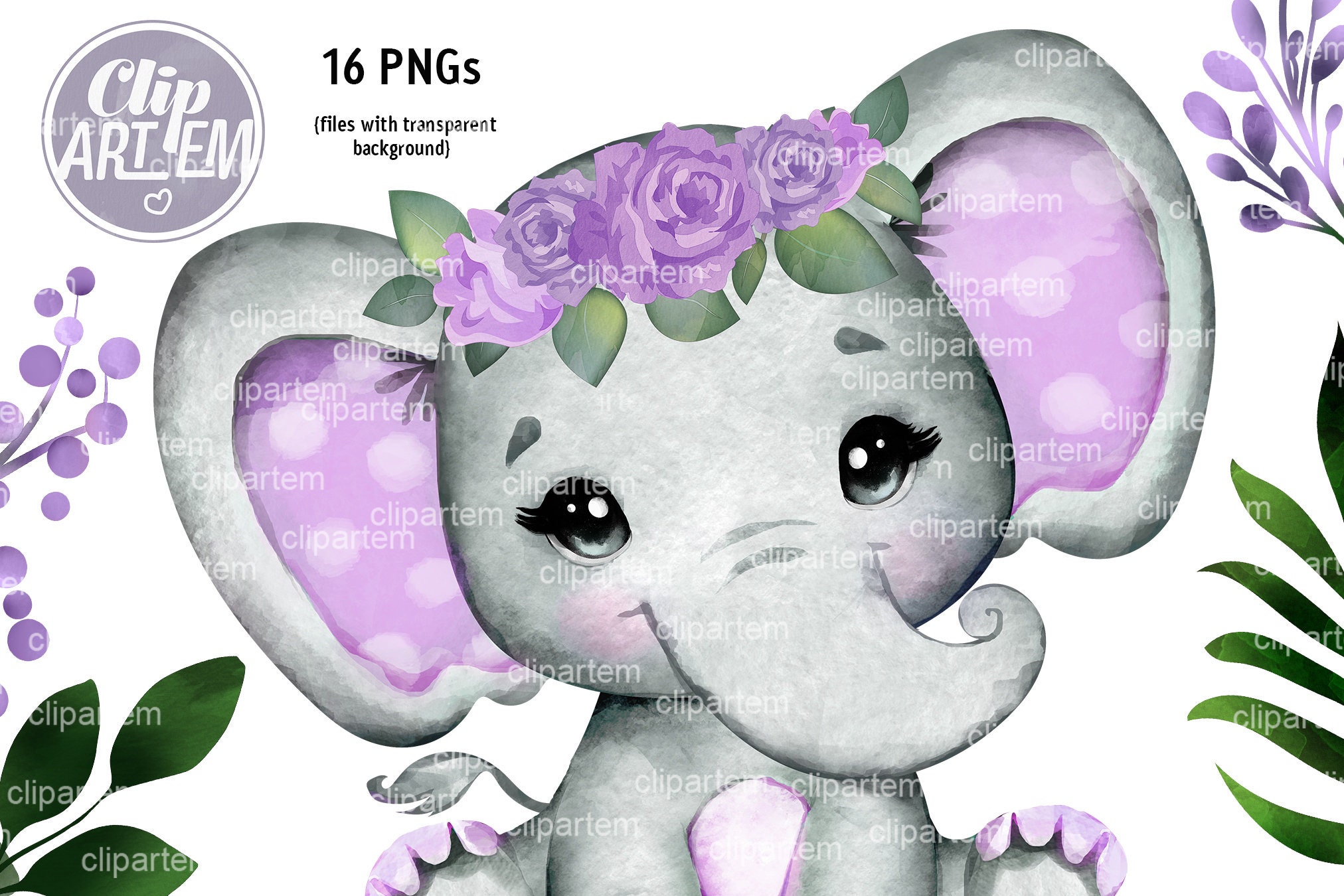 Purple Elephant Bundle 16 Clip Art Watercolor Baby Girl - Etsy
