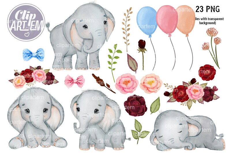 Elephants Watercolor Red Pink Roses Florals, Boy, Girl and Gender ...