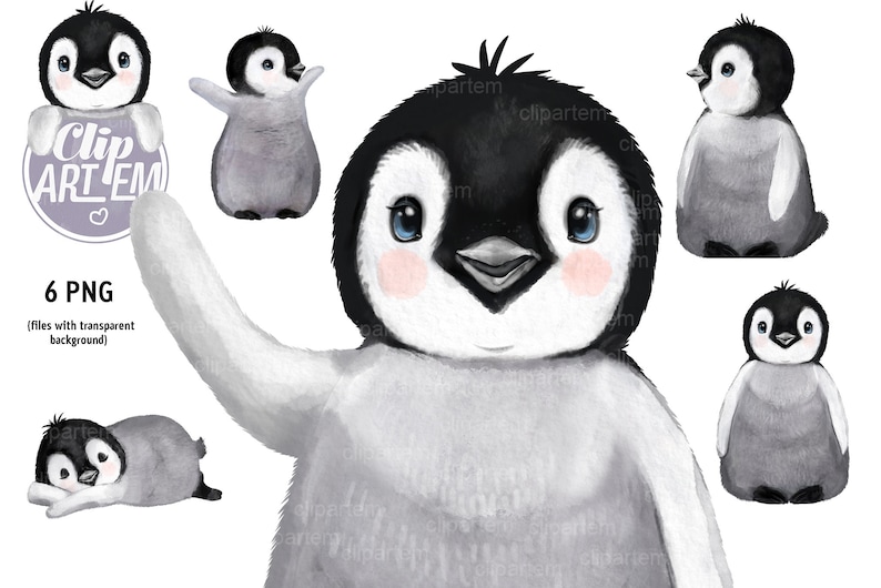 Bundle Baby Penguins Watercolor Clip Art 6 Penguins Emperor - Etsy