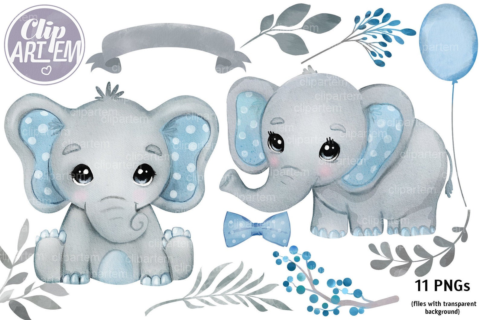 Watercolor Elephant Boy Bundle Clip Art PNG, Baby Boy Elephants Leaves ...