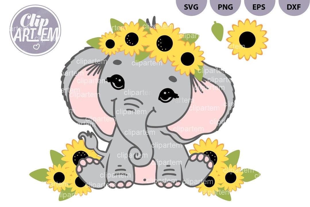 Sunflower Elephant SVG, Cutting File, Vector, Cute Girl Elephant With ...