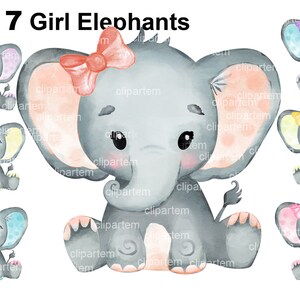 7 Girl Elephants With Bows Clip Art. Bundle of Colorful Girl Baby ...