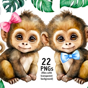 Monkey Clip Art BUNDLE Watercolor Baby Young Monkey, Boy and Girl, Pink ...