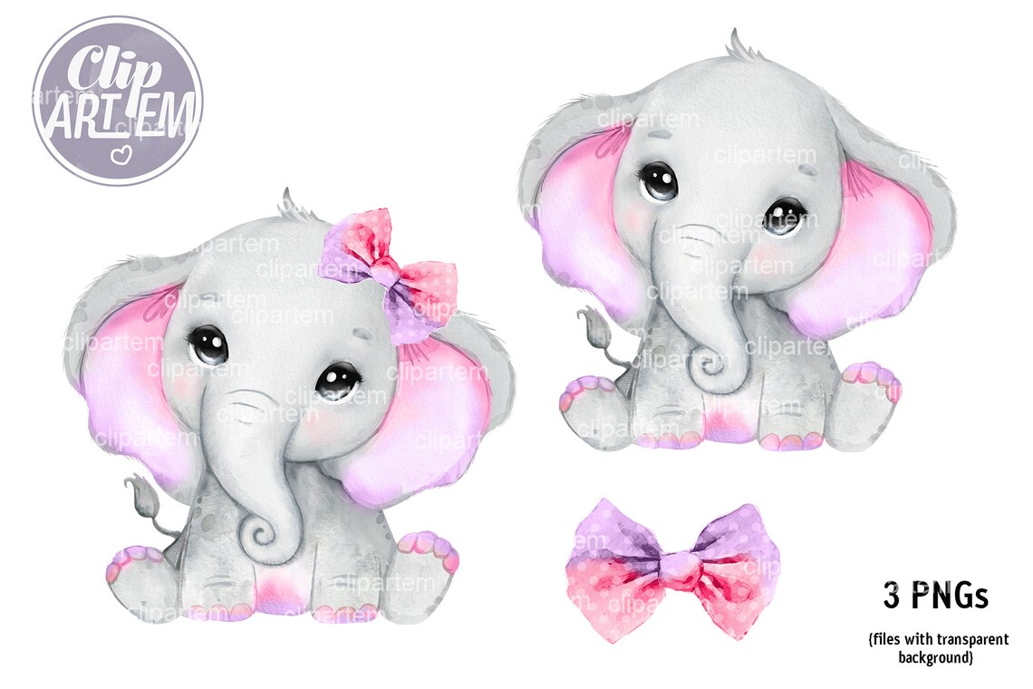 Pink Purple Elephant Clip Art, Elephant With Bow Lilac Baby Pink. Cute ...