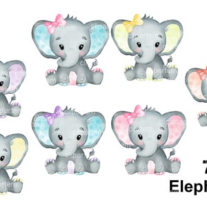 7 Girl Elephants With Bows Clip Art. Bundle of Colorful Girl Baby ...