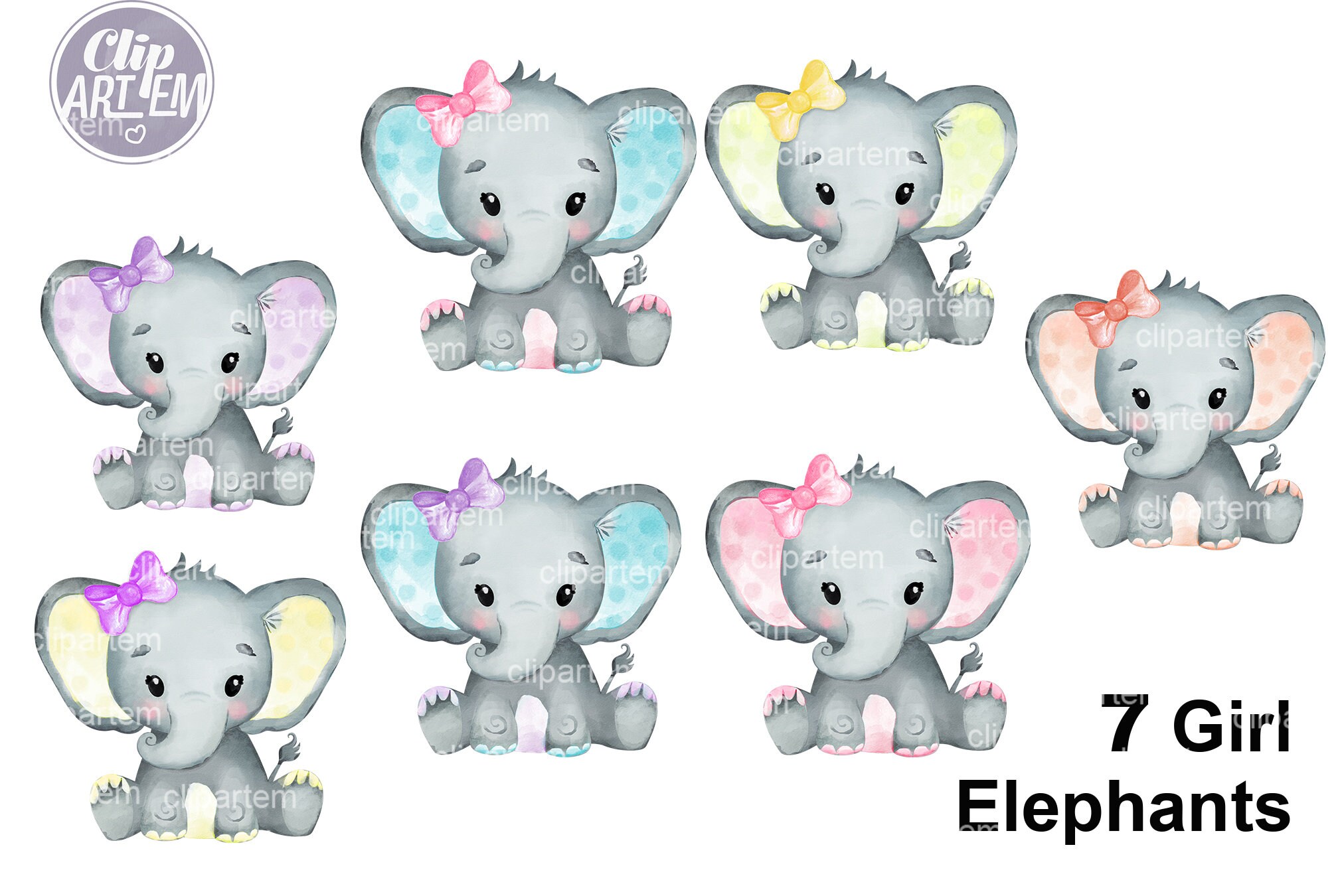 7 Girl Elephants With Bows Clip Art. Bundle of Colorful Girl Baby ...