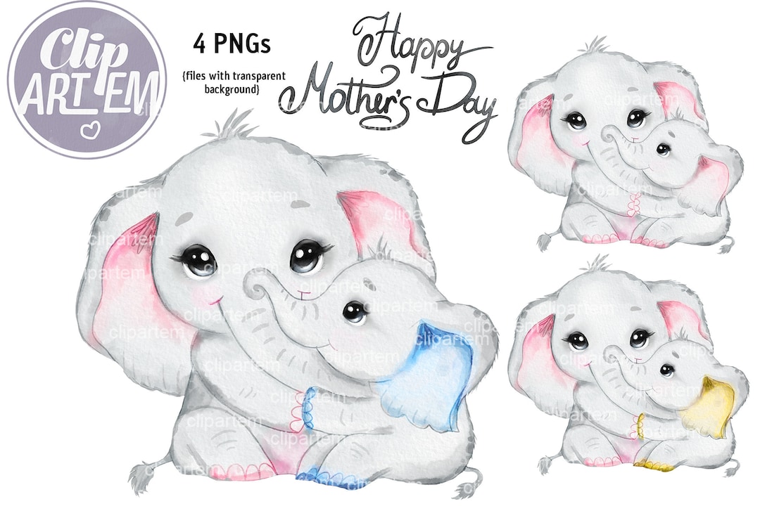 Happy Mother's Day Elephant Mommy Baby Watercolor PNG Clip Art, Image ...
