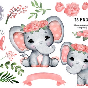 Coral Peach Elephant Floral Essential Bundle Set of Watercolor Flowers ...