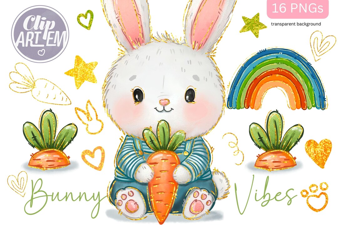 Cute Bunny Clip Art Doodle Water Color Rabbit With Accents of Gold Hand ...