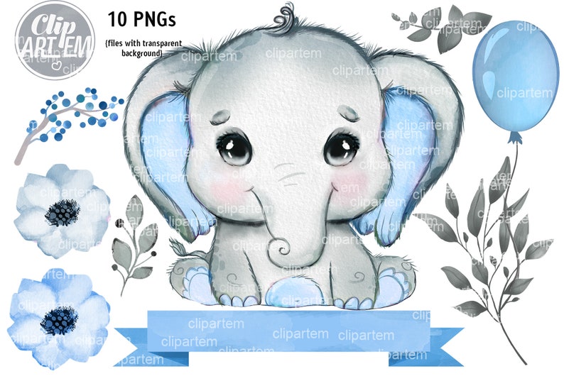 Super Cute Boy Elephant Baby Watercolor 10 PNG Set Bundle | Etsy