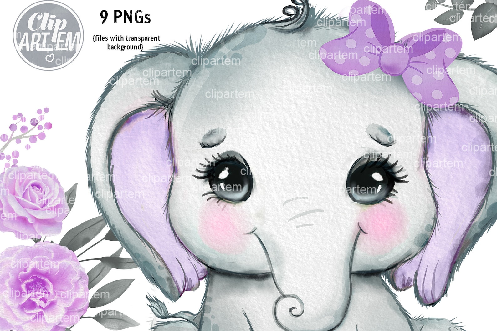Purple Girl Elephant Clip Art Watercolor Cute Little Peanut - Etsy