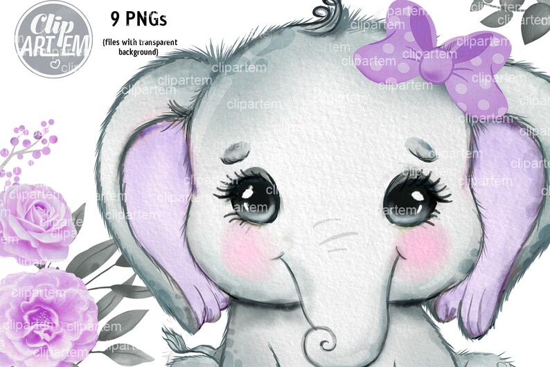 Purple Girl Elephant Clip Art, Watercolor Cute Little Peanut, Lavender ...