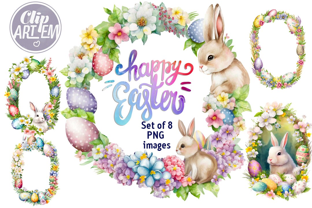 Happy Easter Floral Frames With Bunny and Easter Eggs, Flowers Around ...