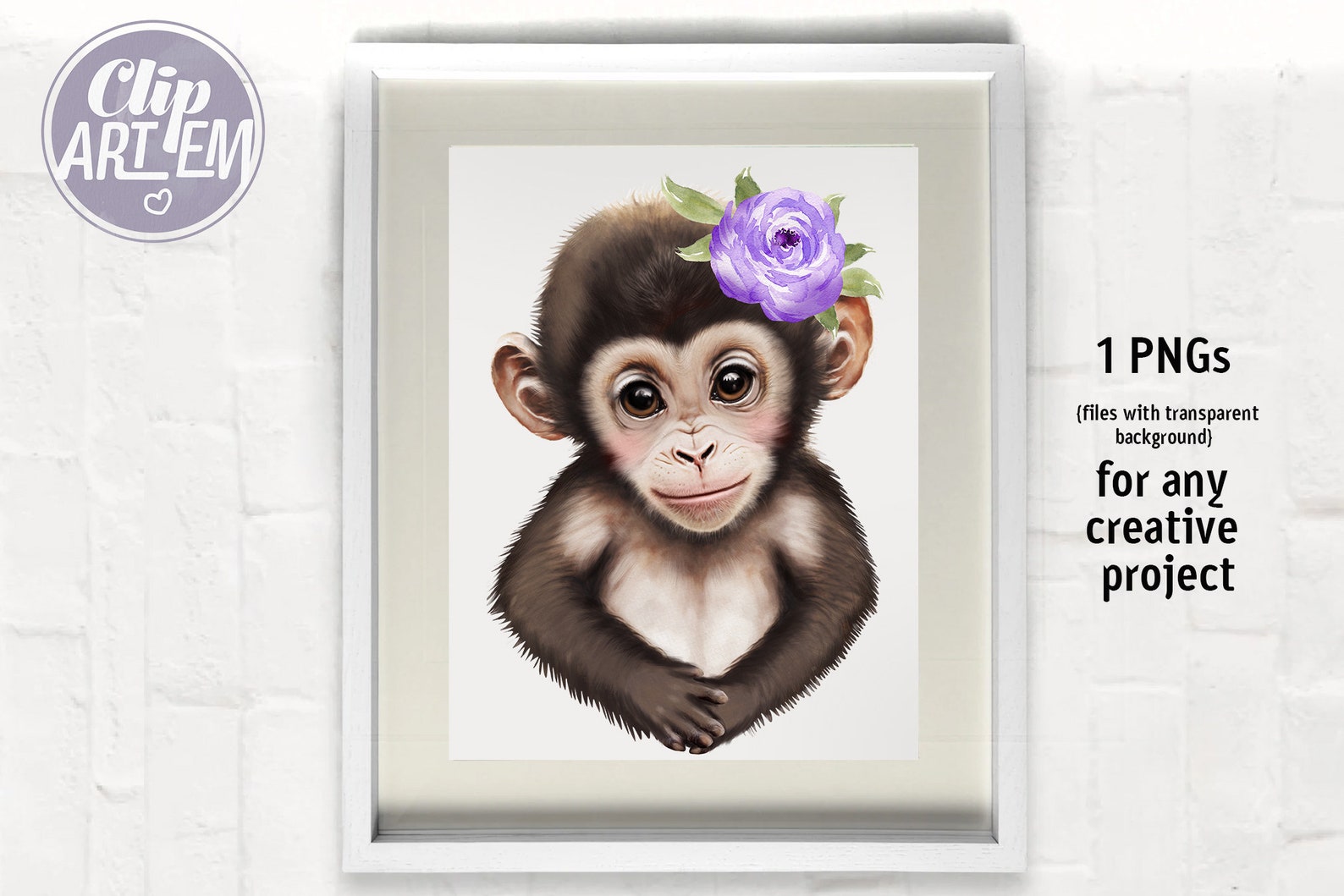 Baby Monkey Floral Watercolor Clip Art, Monkey With Flower in Her Head ...