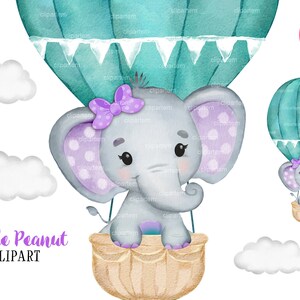 Purple Teal Elephant With Bow Hot Air Balloon Clip Art, Sublimation ...