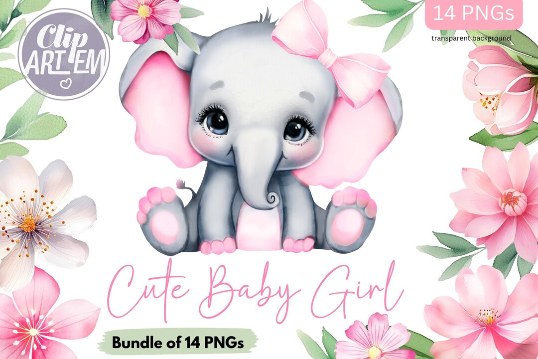 Girl Elephant Clip Art, Watercolor Elephant With Pink Tummy and Ears ...