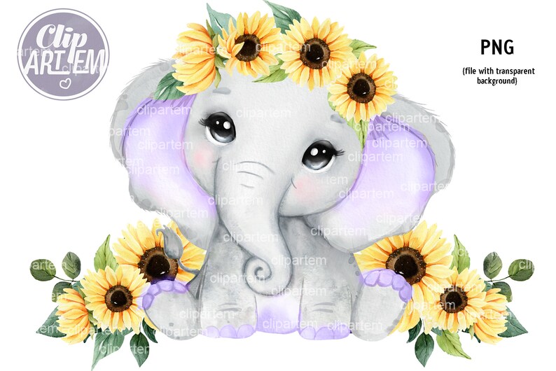 Purple Sunflower Elephant Clip Art Watercolor Girl Elephant - Etsy