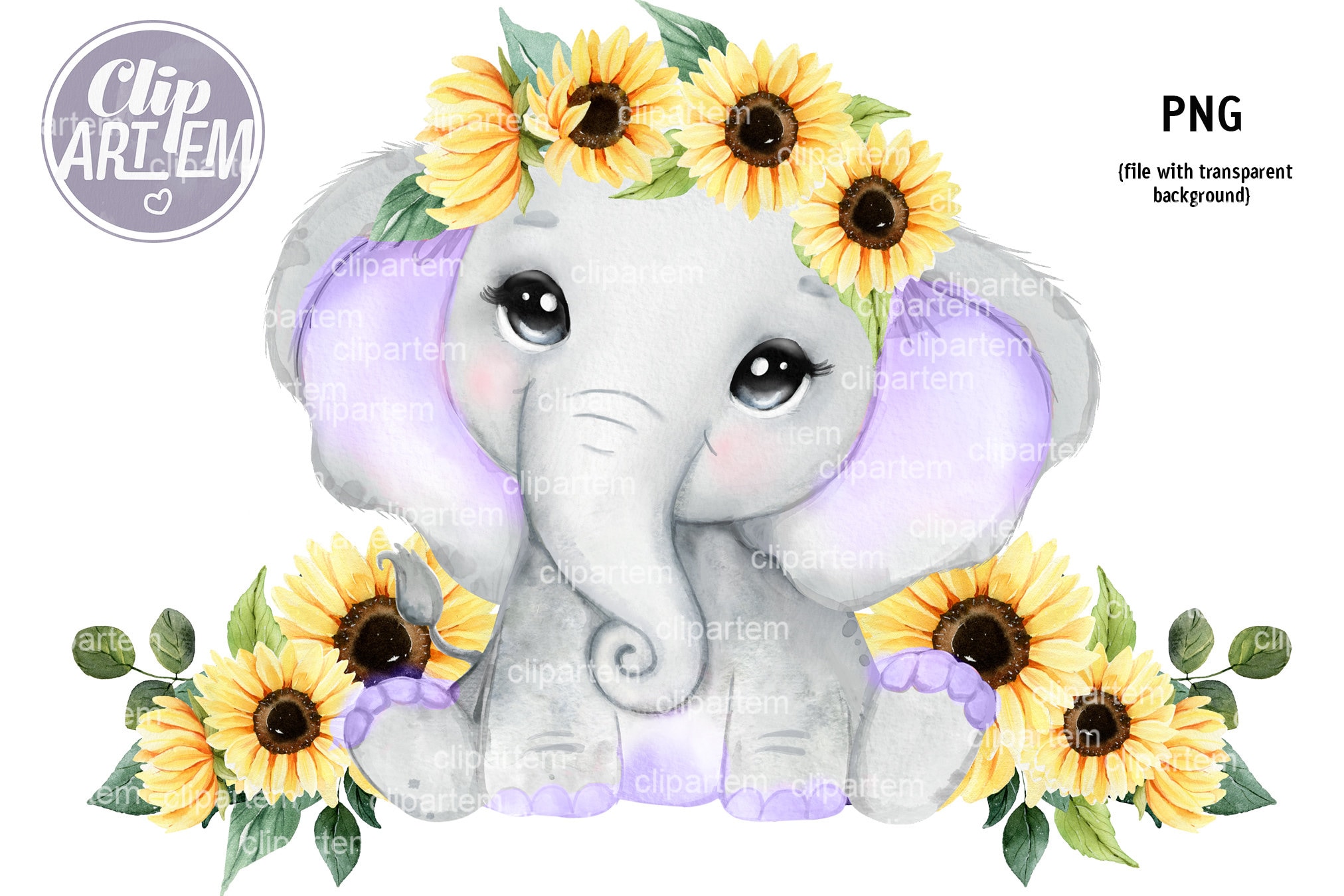 Purple Sunflower Elephant Clip Art, Watercolor Girl Elephant Decor for ...