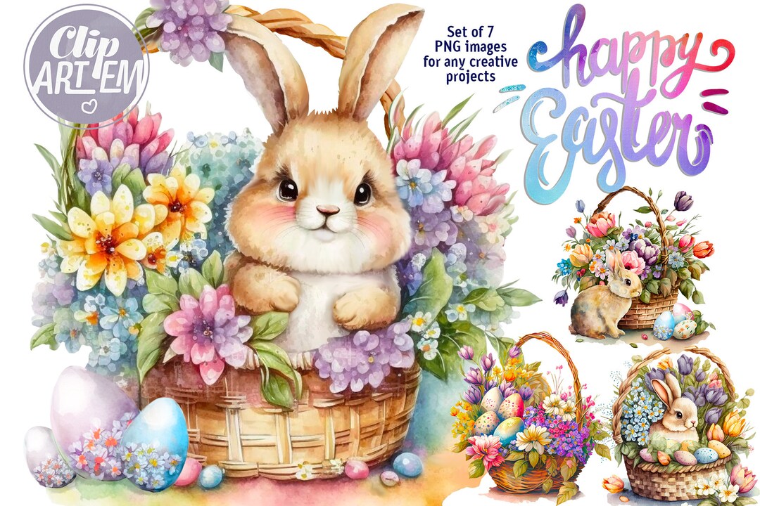 Easter Bunny Clip Art Bundle With Transparent Background, Watercolor ...