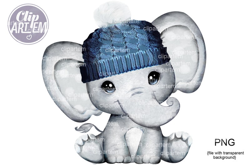 Winter Boy Elephant Clip Art, Very Cute Little Peanut, Dark Blue Hat ...