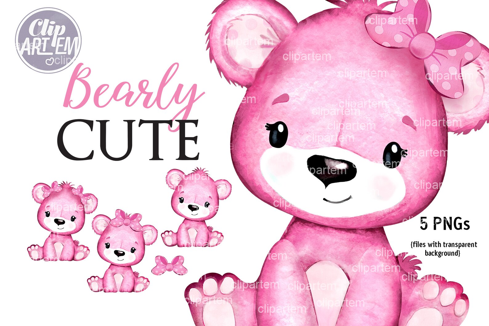 Pink Girl Bear Watercolor 5 Png Bundle Baby Pink Cub Bear for - Etsy