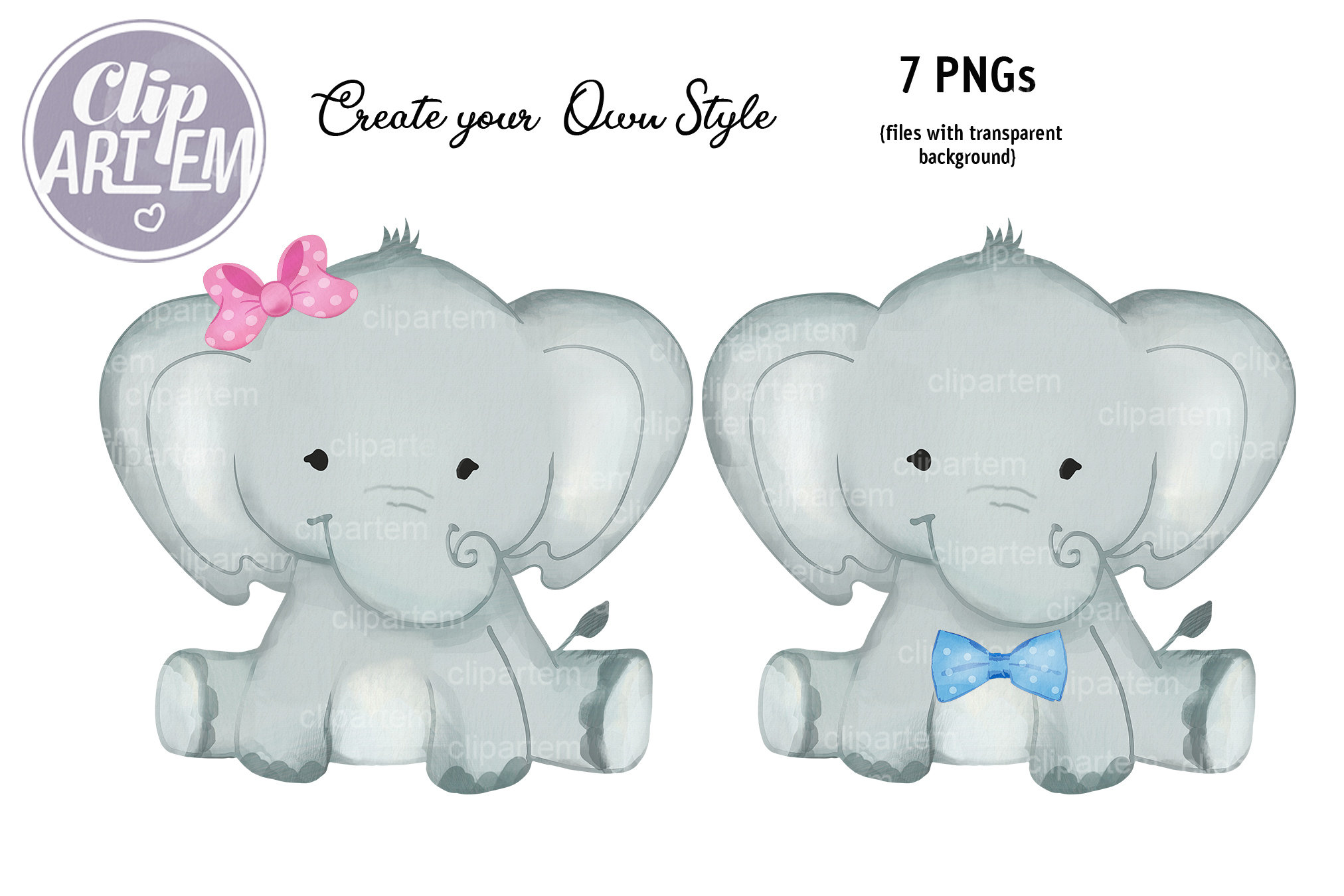 Cute Elephants Clip Art, Twins Doubles, Watercolor Baby Elephants, Boy ...