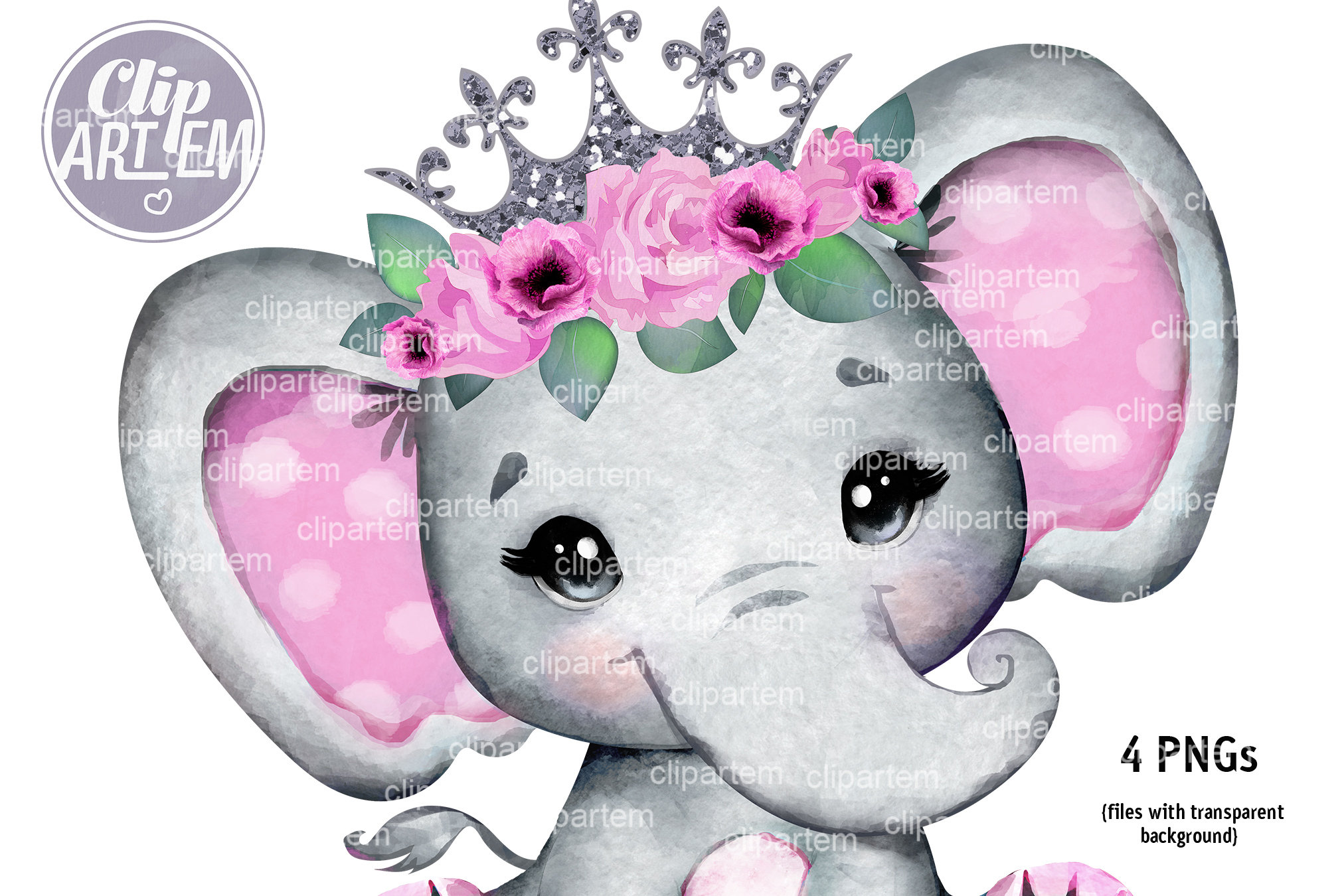 Princess Elephant Silver Pink Royal Clip Art, Watercolor Girl Elephant ...