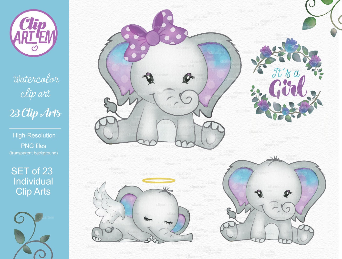 Purple Turquoise Elephant Clip Art, Watercolor. Watercolor Baby ...