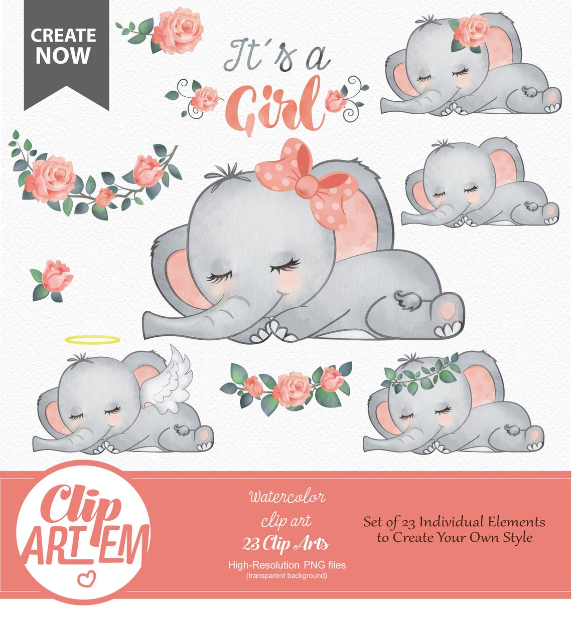 Elephant Clip Artpeach Elephant. Coral Watercolor Baby - Etsy