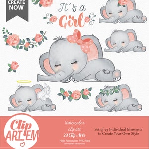 Elephant Clip Art,peach Elephant. Coral Watercolor Baby Elephant ...