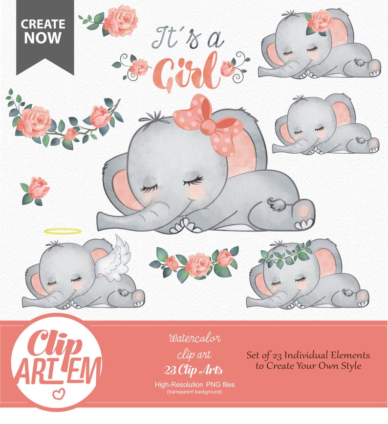 Elephant Clip Art,peach Elephant. Coral Watercolor Baby Elephant ...