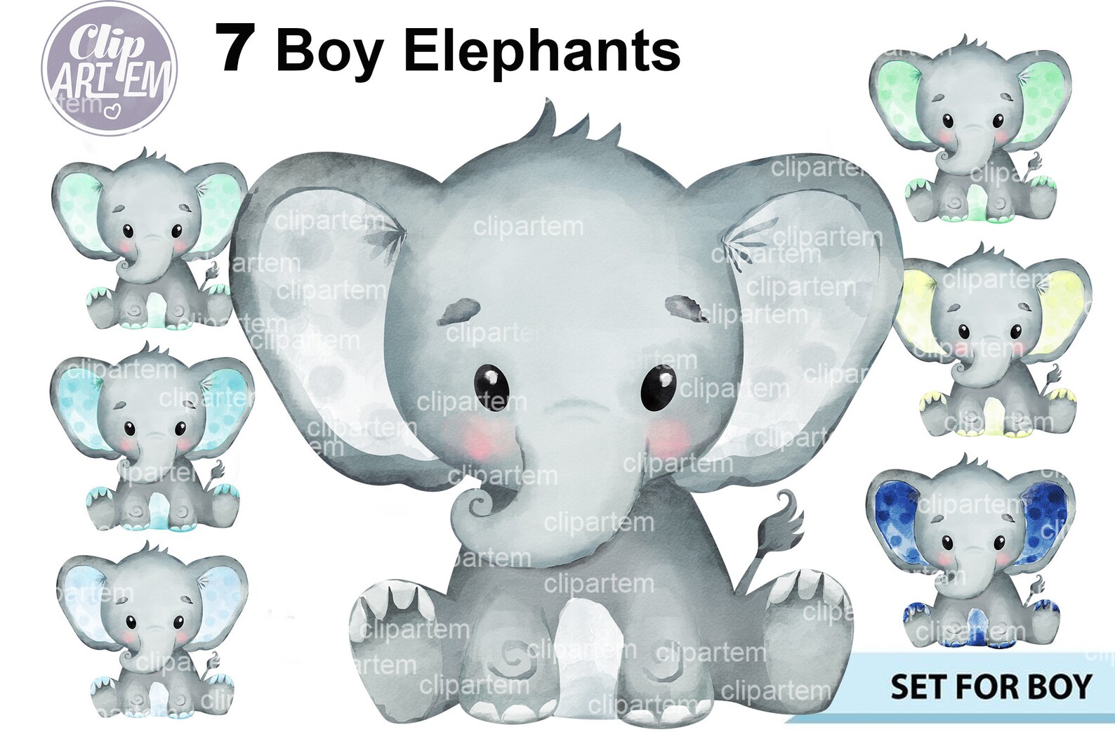 Watercolor Elephant Boy Clip Art, Baby Blue Elephant, Mint Green ...