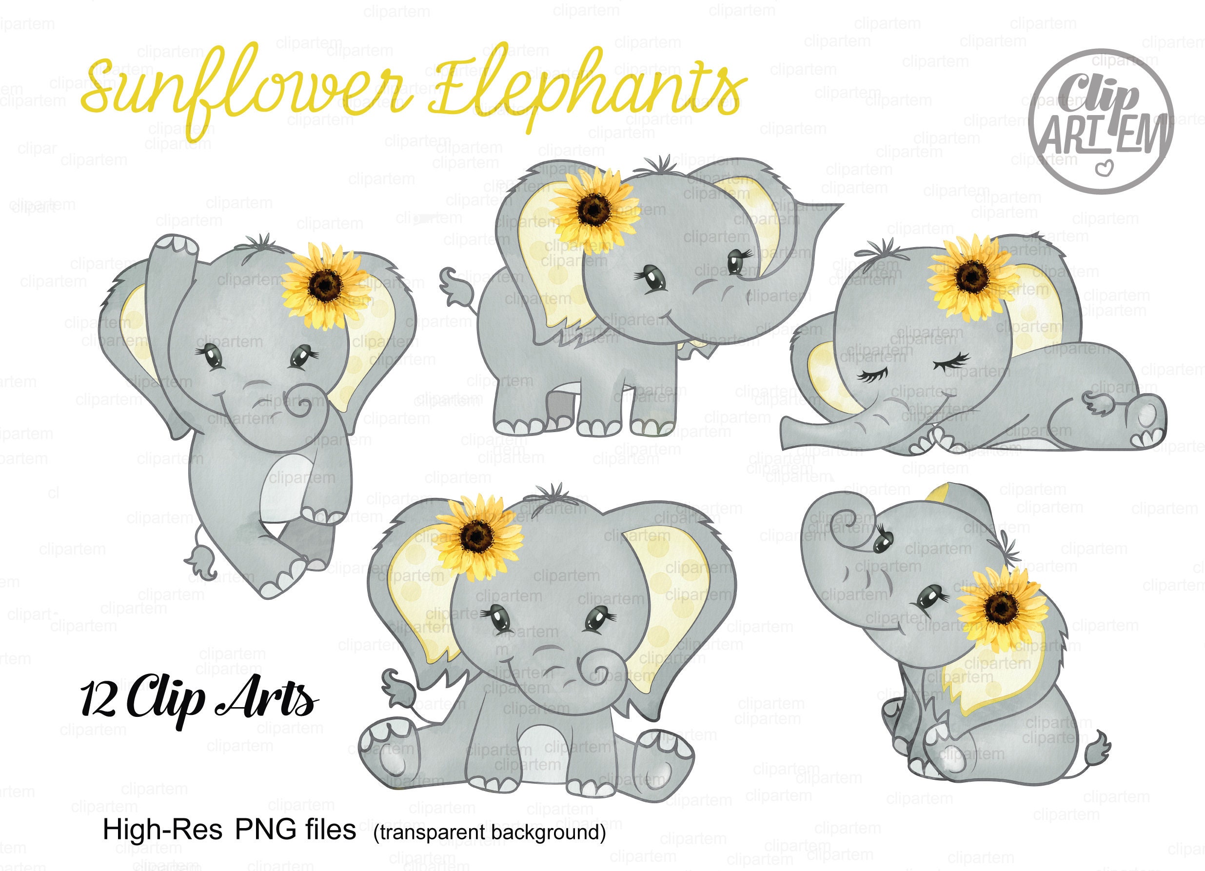 Sunflower Elephant Watercolor Clip Art Set for Creative - Etsy