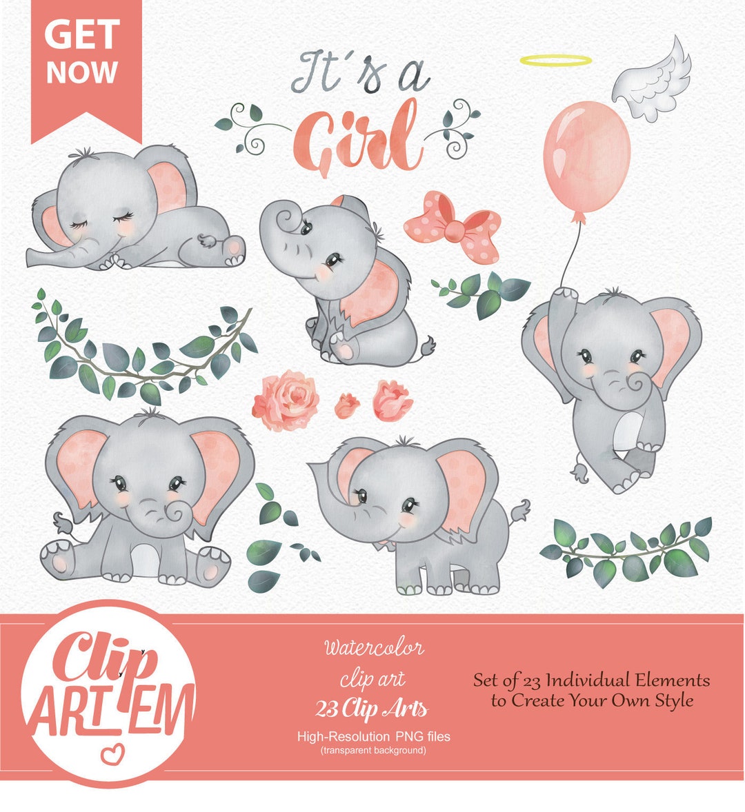 Elephant Clip Art,peach Elephant. Coral Watercolor Baby Elephant ...
