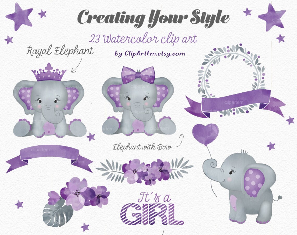 Purple Elephant Clip Art Watercolor. Watercolor Baby Peanut - Etsy
