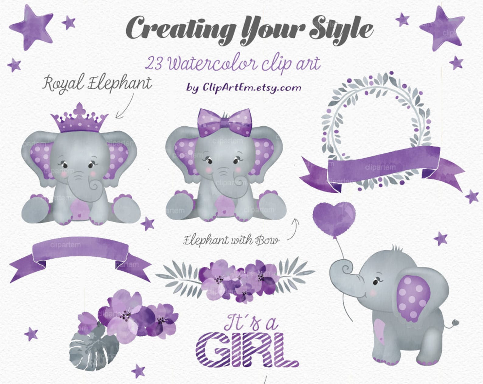 Purple Elephant Clip Art Watercolor. Watercolor Baby Peanut - Etsy